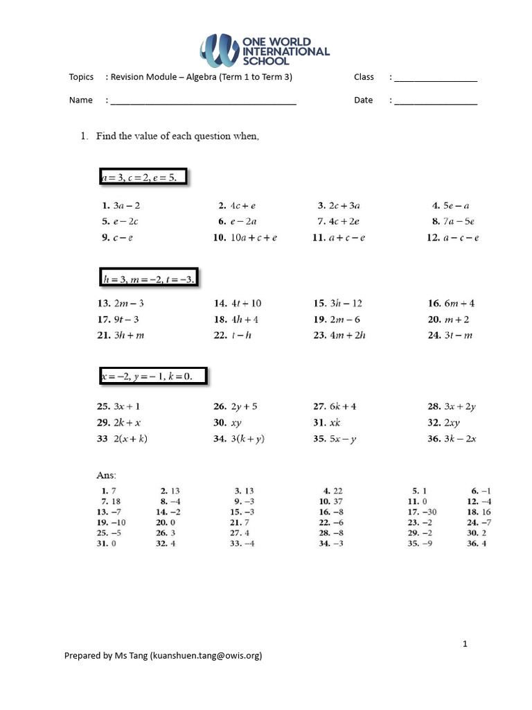 Revision Module - Algebra - T1 To T3 | PDF