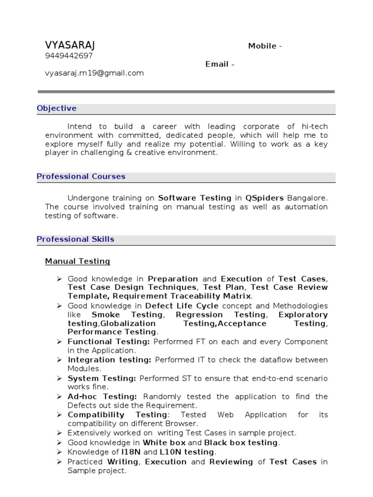Vyasaraj Software Testing Fresher | PDF | Software Testing | Sql