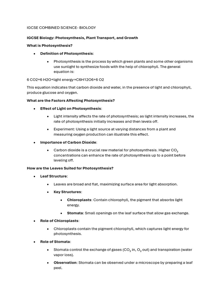 IGCSE Combined Science - BIOLOGY | PDF