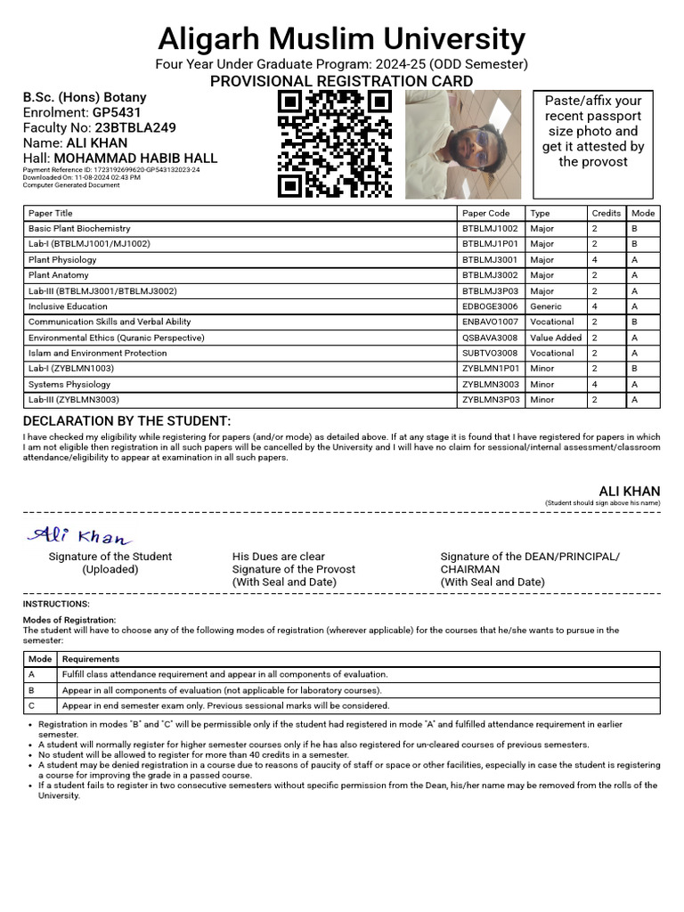 Aligarh Muslim University: Provisional Registration Card | PDF