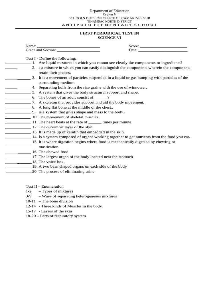 Science VI First Periodical Test | PDF | Mixture | Digestion