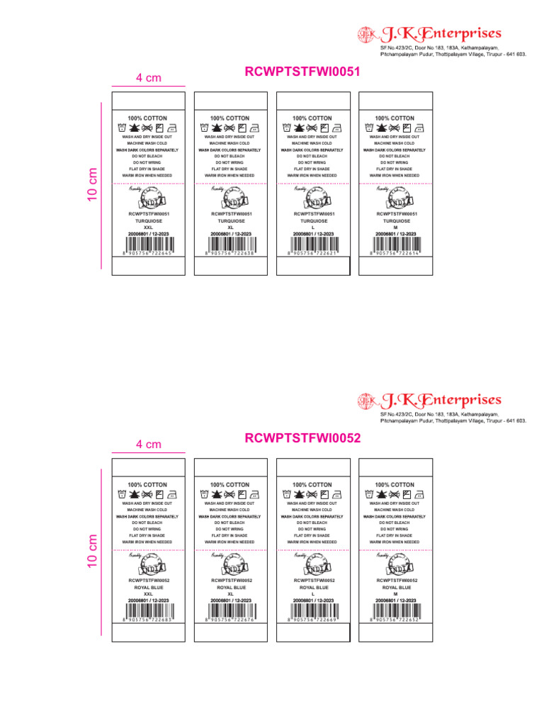 Win Win Impex Wash Care Labels | PDF