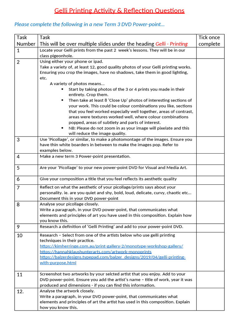 Gelli Printing Task & Reflection Questions | PDF
