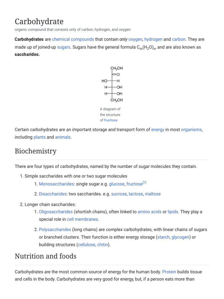 Carbohydrate - Simple English Wikipedia, The Free Encyclopedia | PDF