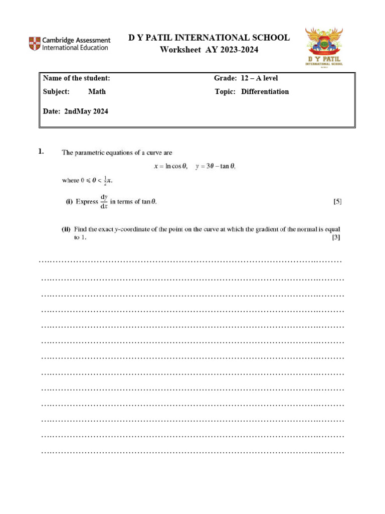 A2 Math Worksheet - Differentiation | PDF