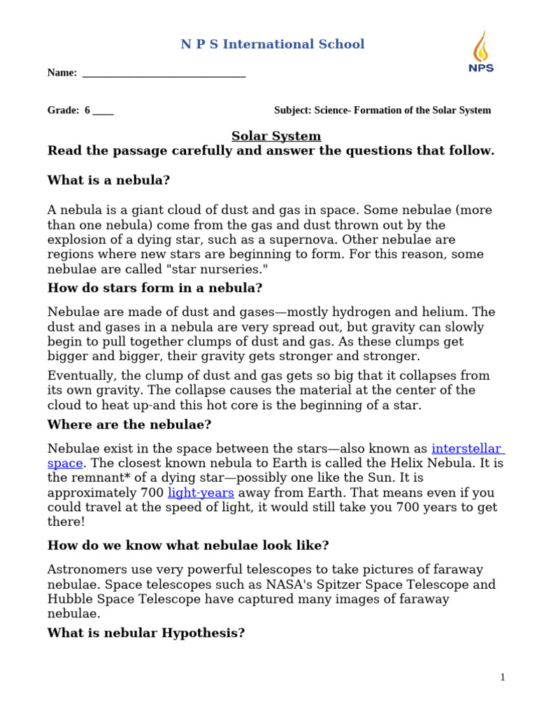 Nebular Hypothesis Reading Comprehension | PDF
