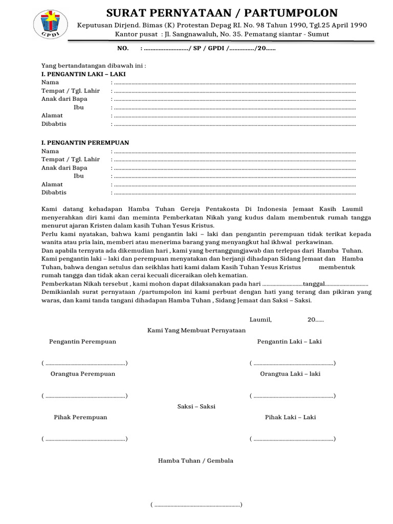 Surat Pernyataan Partumpolon GPDI | PDF