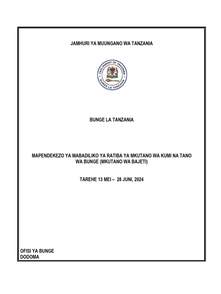 1715861829-Mabadiliko Ya Ratiba Ya Mkutano Wa Kumi Na Tano Wa Bunge (Mkutano Wa Bajeti) - T | PDF