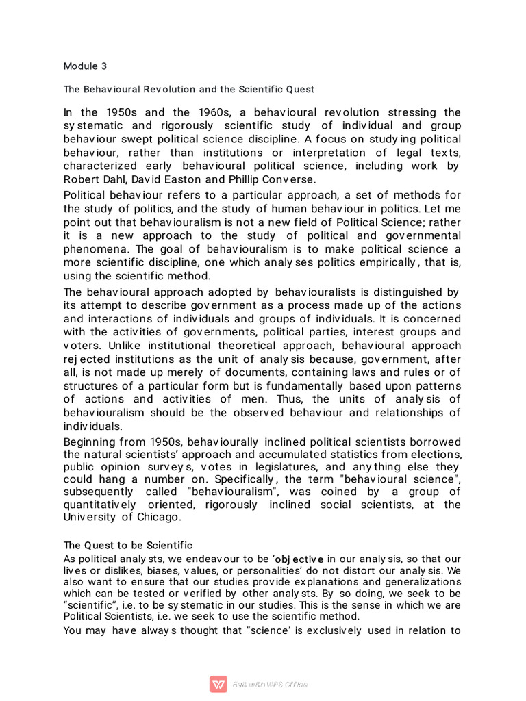 POS 111 Module 3 Behavioural Revolution and the Scientific Quest | PDF