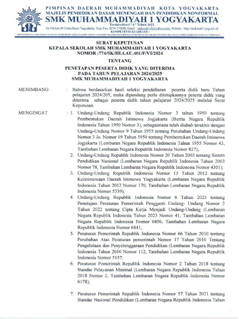 SK Penetapan Peserta Didik Baru tp.2024 2025 - Ok | PDF