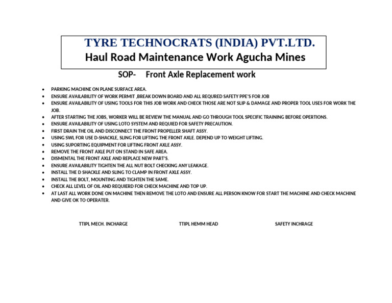 Sop of Front Axle Replacement Work | PDF