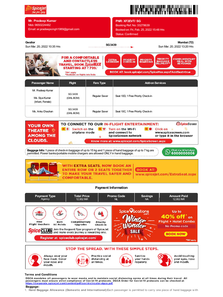 SpiceJet_E-Ticket_PNR_XF2EVT 20 Mar 2022 Gwalior-Mumbai for MR. KUMAR | PDF