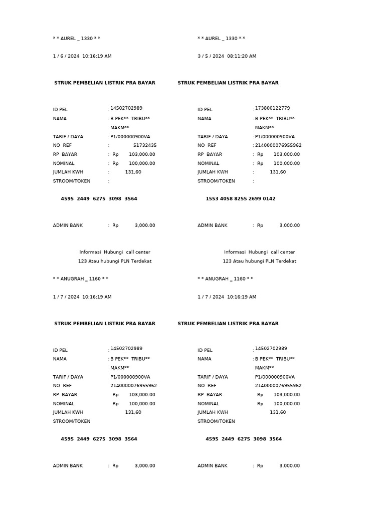 Struk Pembayaran Listrik 2024 | PDF