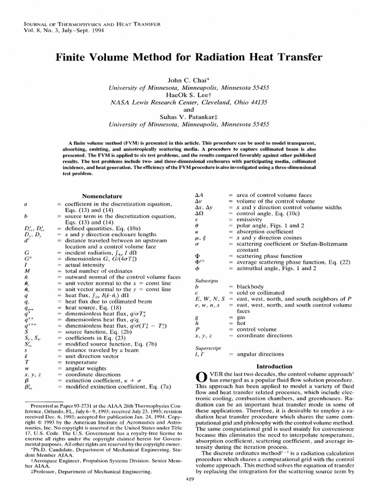Finite Volume Method For Radiation Heat Transfer Pdf