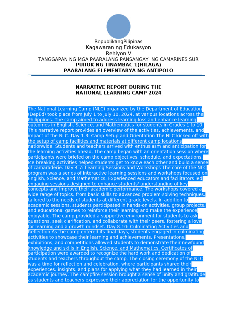 Narrative Report NLC Borja | PDF