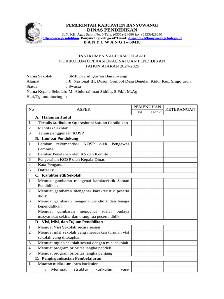 Instrumen Verifikasi Kosp Tingkat SMP | PDF