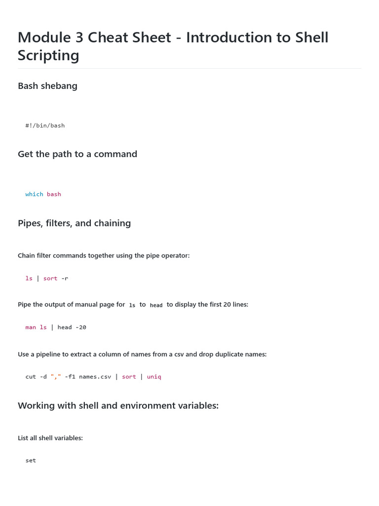 Module 3 Cheat Sheet - Introduction to Shell Scripting | PDF Module 3 Cheat Sheet - Introduction to Shell Scripting | PDF