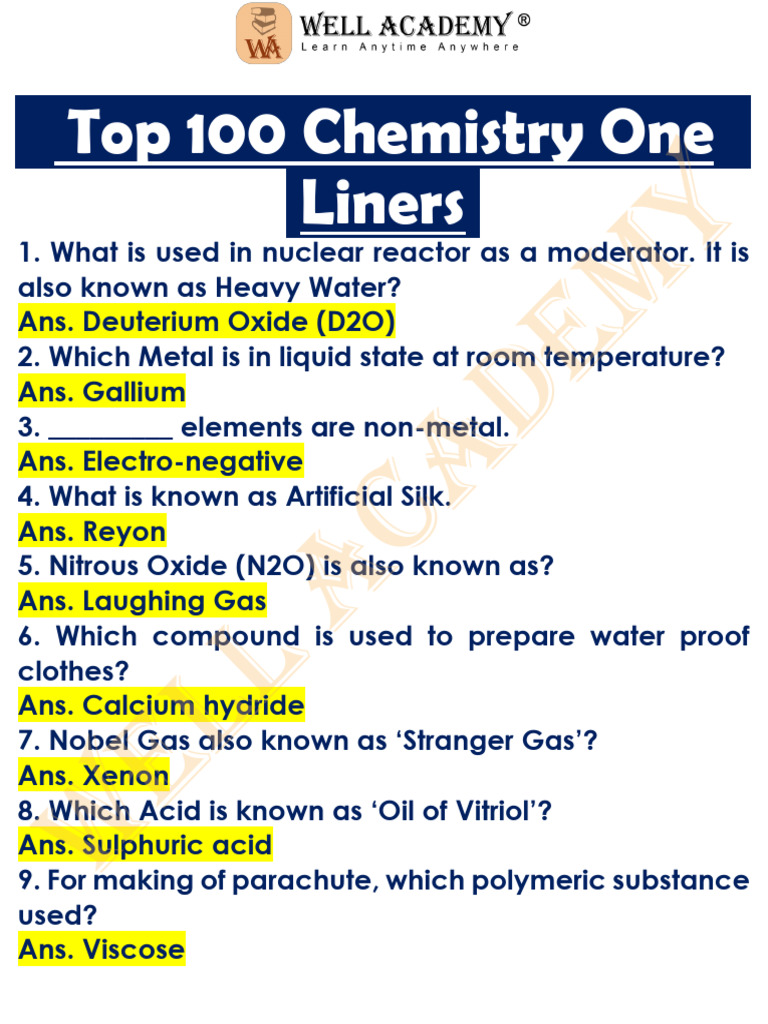 Top 100 Chemistry Questions | PDF