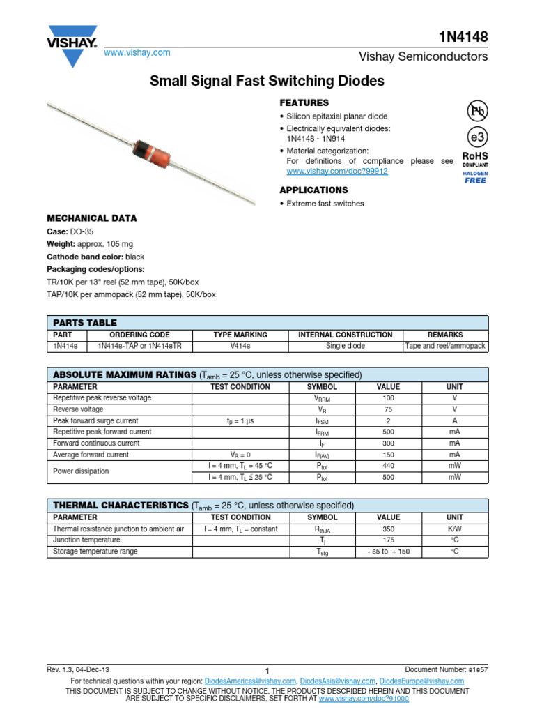 1N4148 75V 300ma Small Signal Fast Switching Diode | PDF