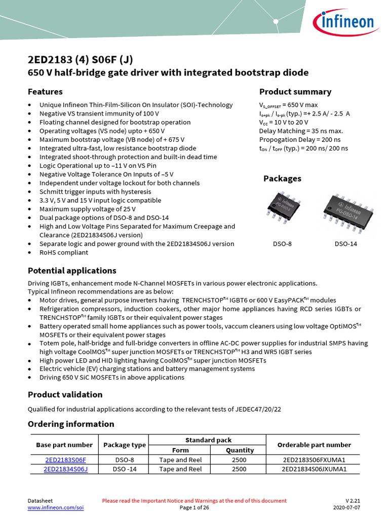 2ED2183S06F,J 650V Half Bridge Gate Driver With Integrated Bootstrap ...