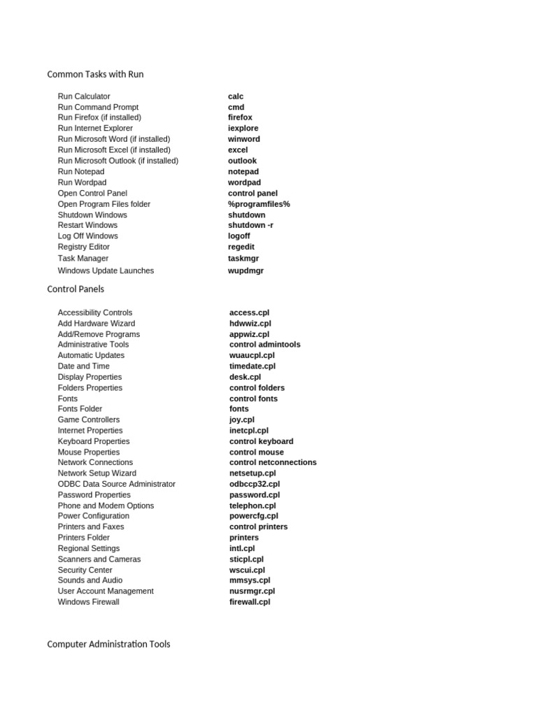 Basic Run Command Shortcuts | PDF