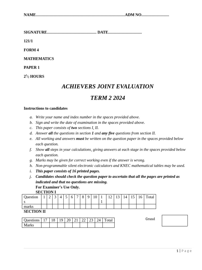 Maths Form 4 Pp1 t2 2023 | PDF