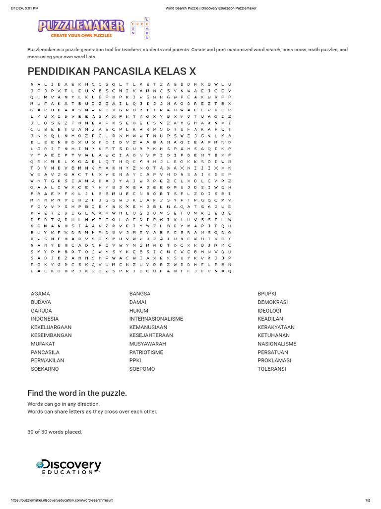 Word Search Puzzle - Discovery Education Puzzlemaker | PDF
