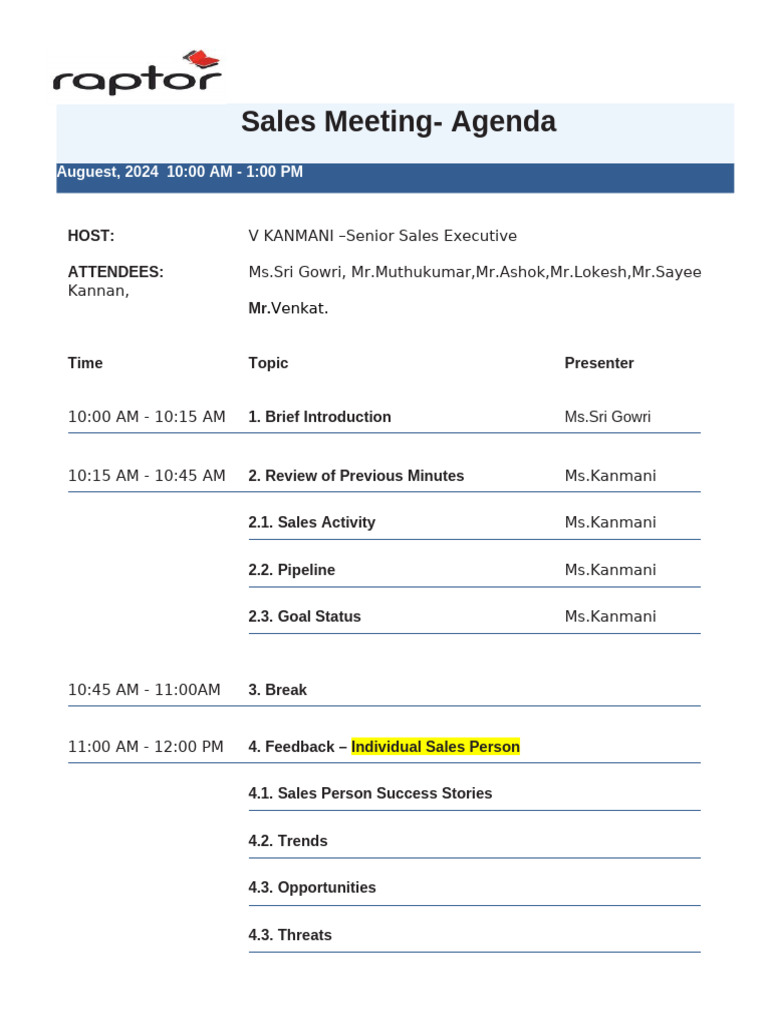 Sales Meeting Agenda Template For Business | PDF