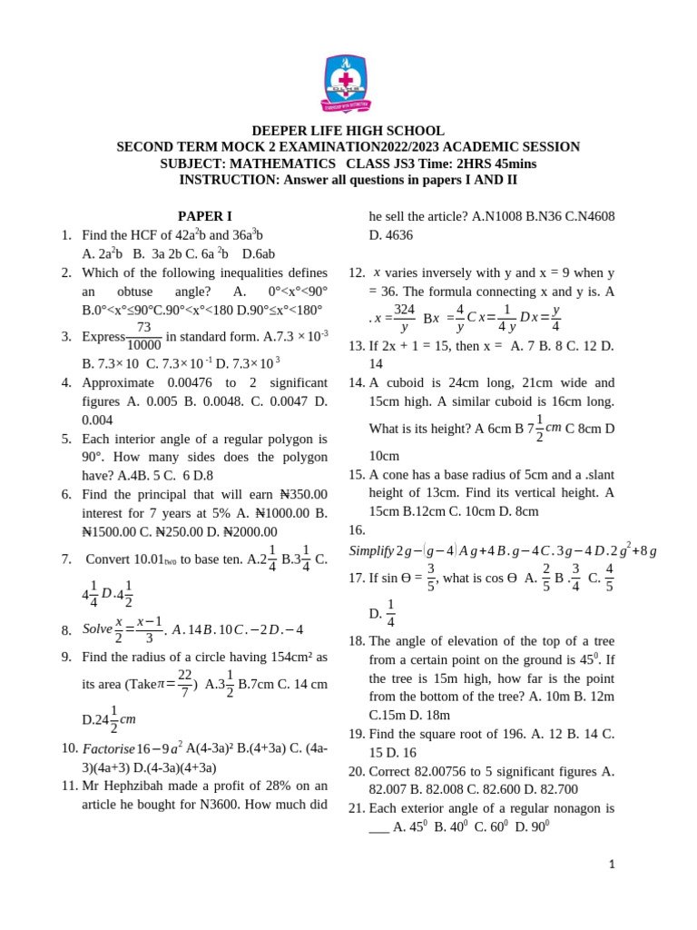 JS 3 Maths 2ND Term Mock 2 | PDF