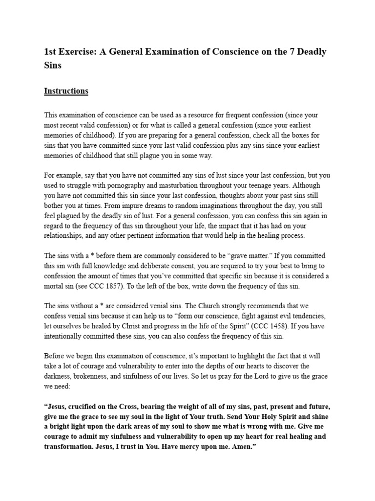 A Complete Examination of Conscience On The 7 Deadly Sins | PDF