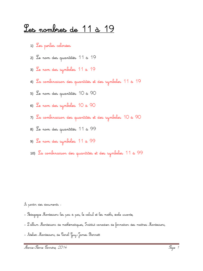 Fiches de Prép Les Nombres de 11 À 19 Montessori | PDF