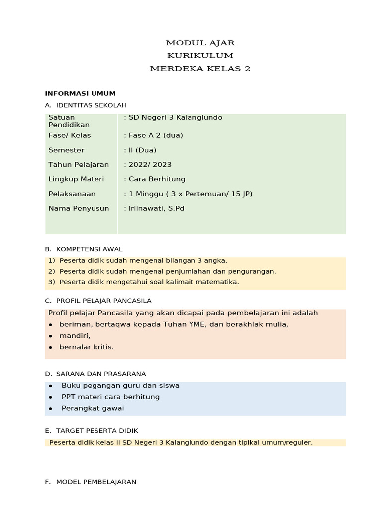 Modul Ajar MTK Kls 2 | PDF