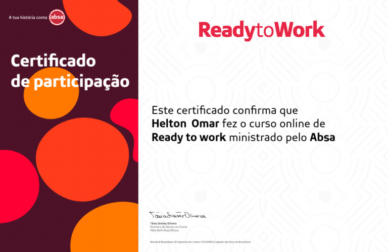 Certificado - Ready To Work - Helton Omar | PDF