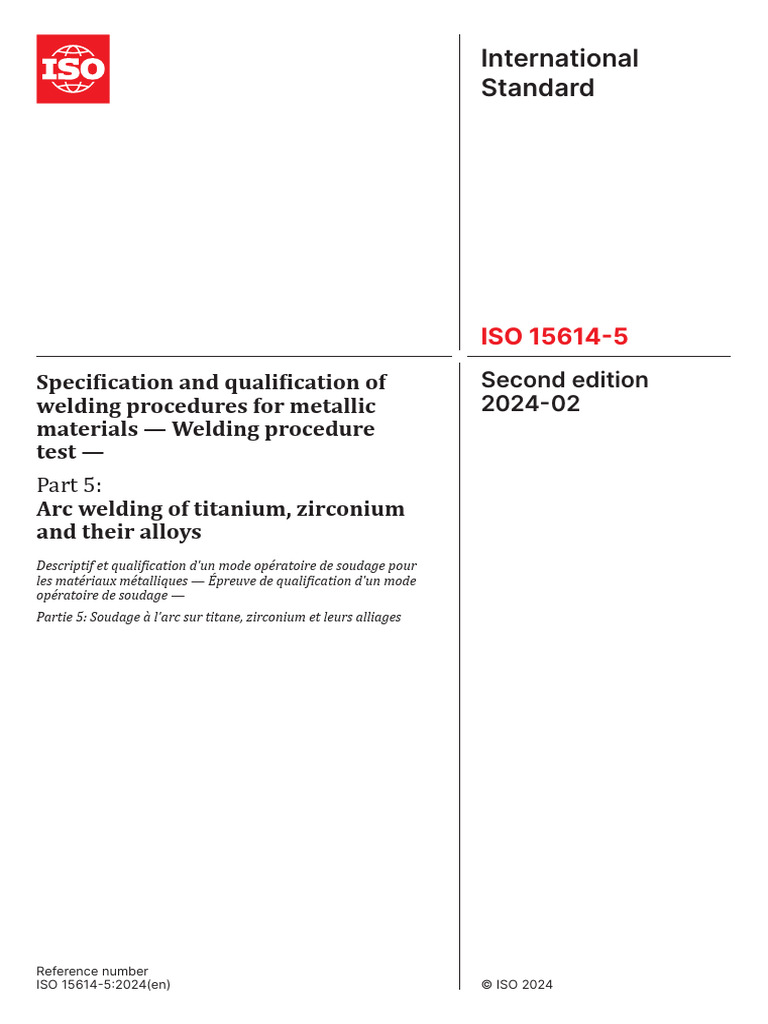ISO 15614 5 2024 Specification and Qualification of Welding Procedures | PDF | Welding | Business