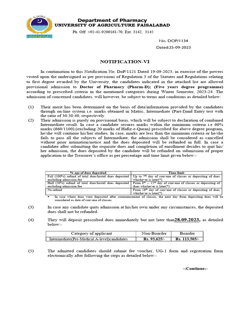 Notification 6th Open Merit List Pharm-D 2023-24 PDF | PDF