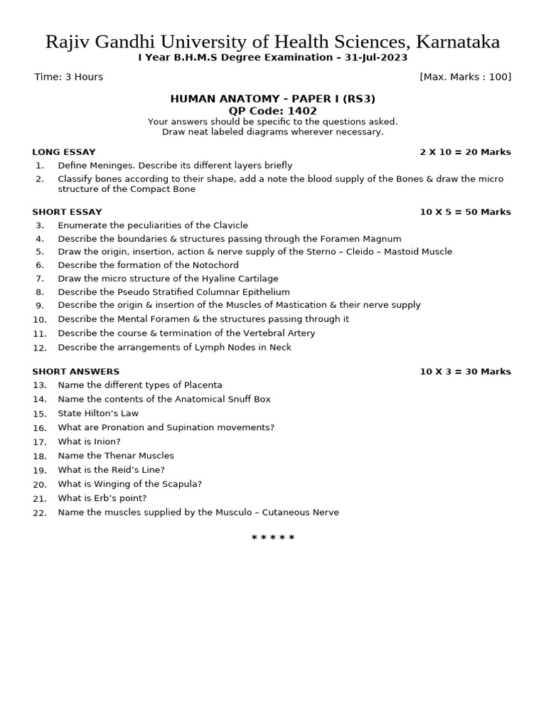 BHMS 1st Year Anatomy Exam Paper 2023 | PDF | Science & Mathematics