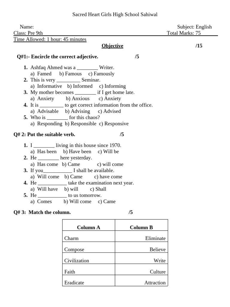 Pre 9th English | PDF