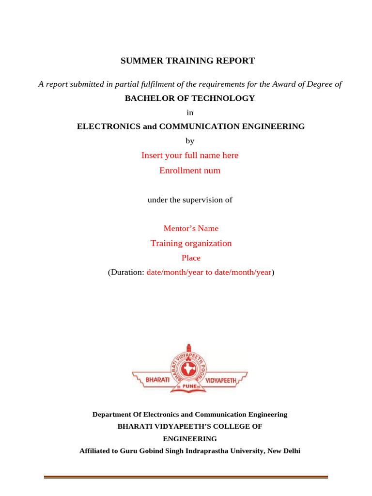 Summer Industrial Training Report Format | PDF