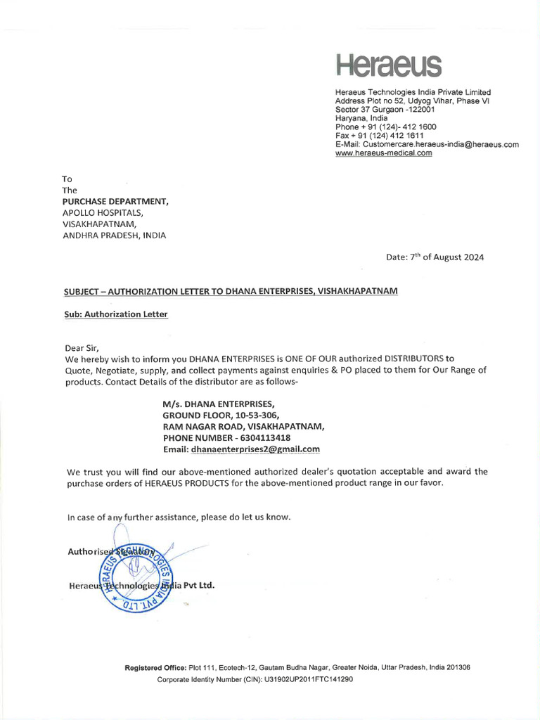 Authorization Letter - HERAEUS | PDF