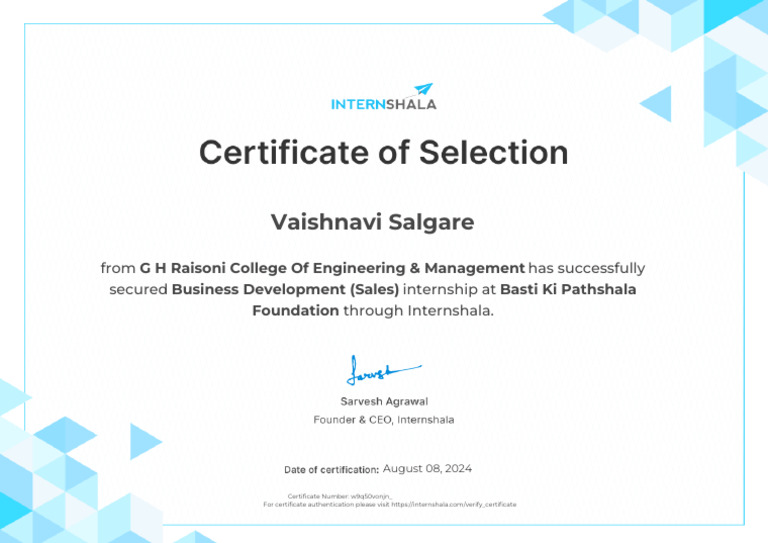 Vaishnavi Salgare Hired Certificate | PDF
