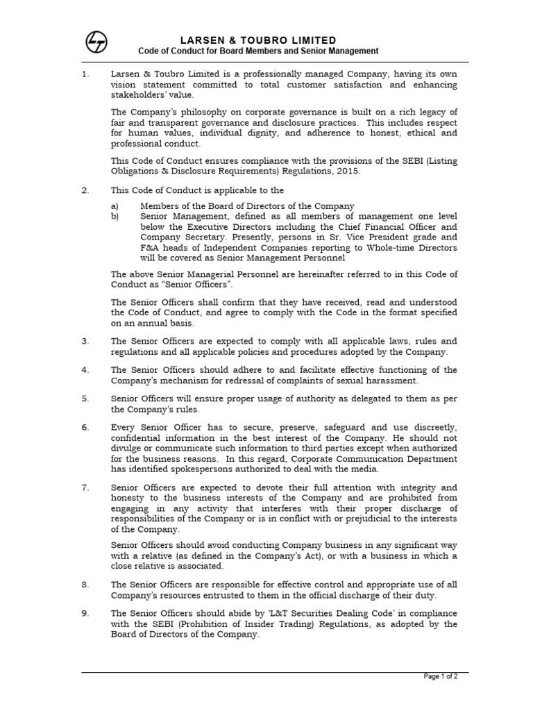 Code of Conduct BD SR MGMT Final 01042019 | PDF | Board Of Directors | Business