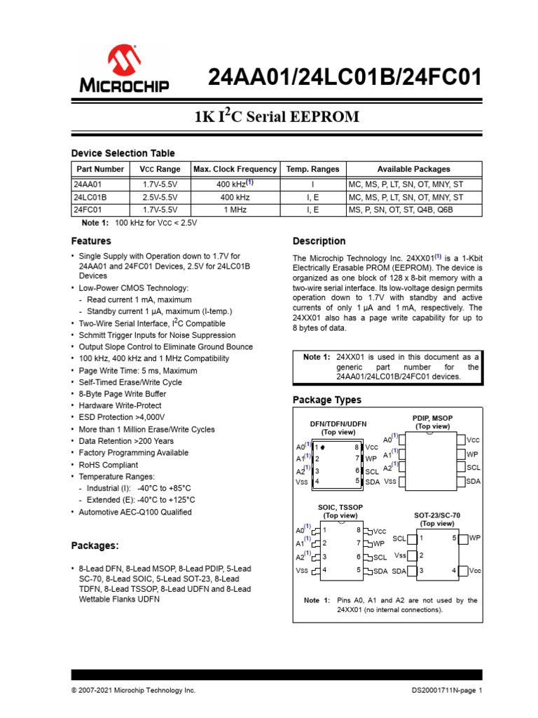 24AA01 LC01B FC01 1K I2C Serial EEPROM | PDF