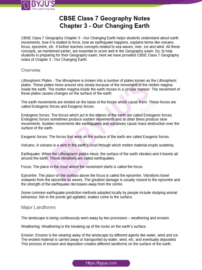 CBSE Class 7 Geography Notes Chapter 3 Our Changing Earth | PDF