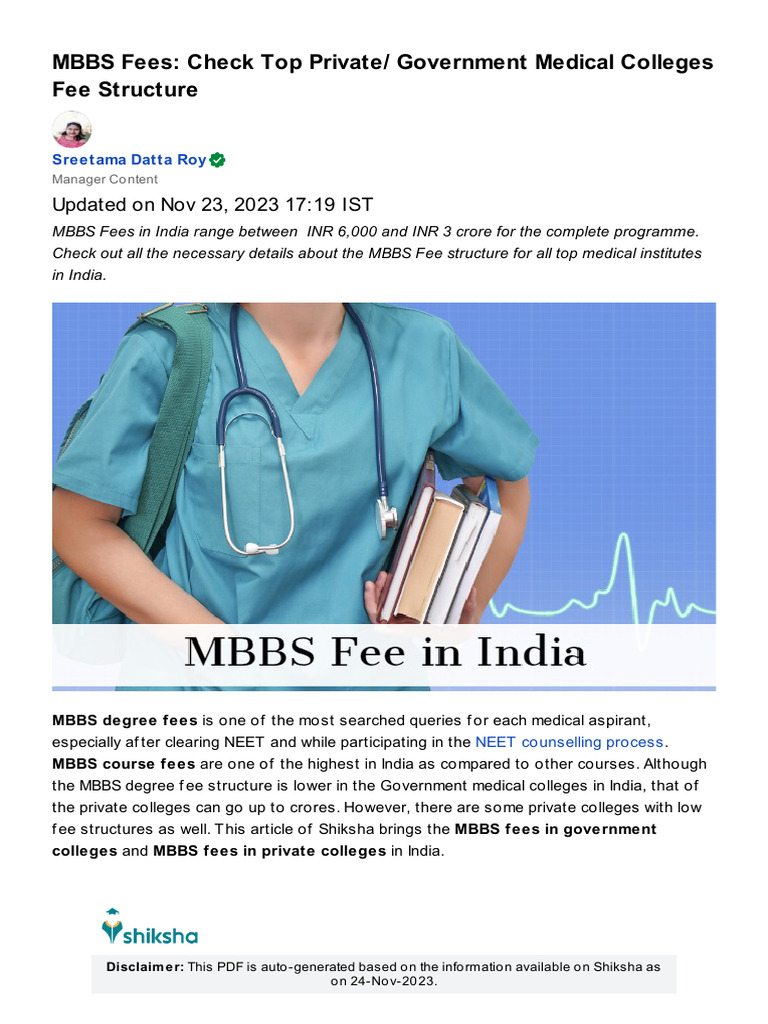 MBBS Fees: Check Top Private/ Government Medical Colleges Fee Structure | PDF