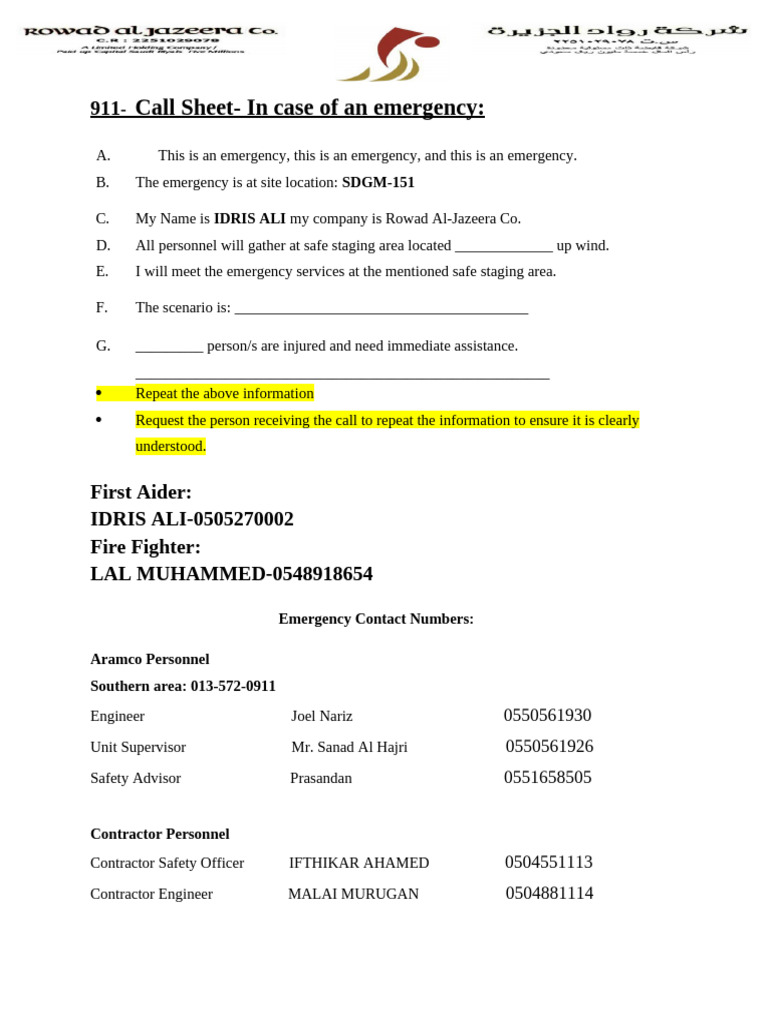 911 Call sheet (Emergency) | PDF