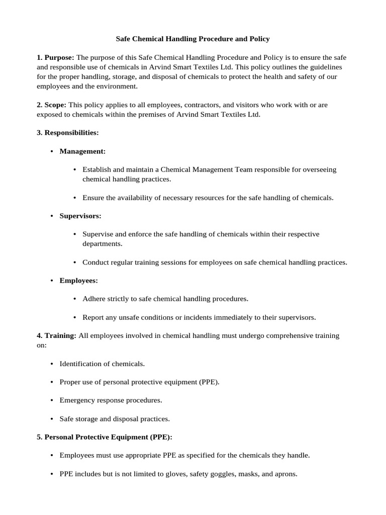 Safe Chemical Handling Procedure & Policy | PDF