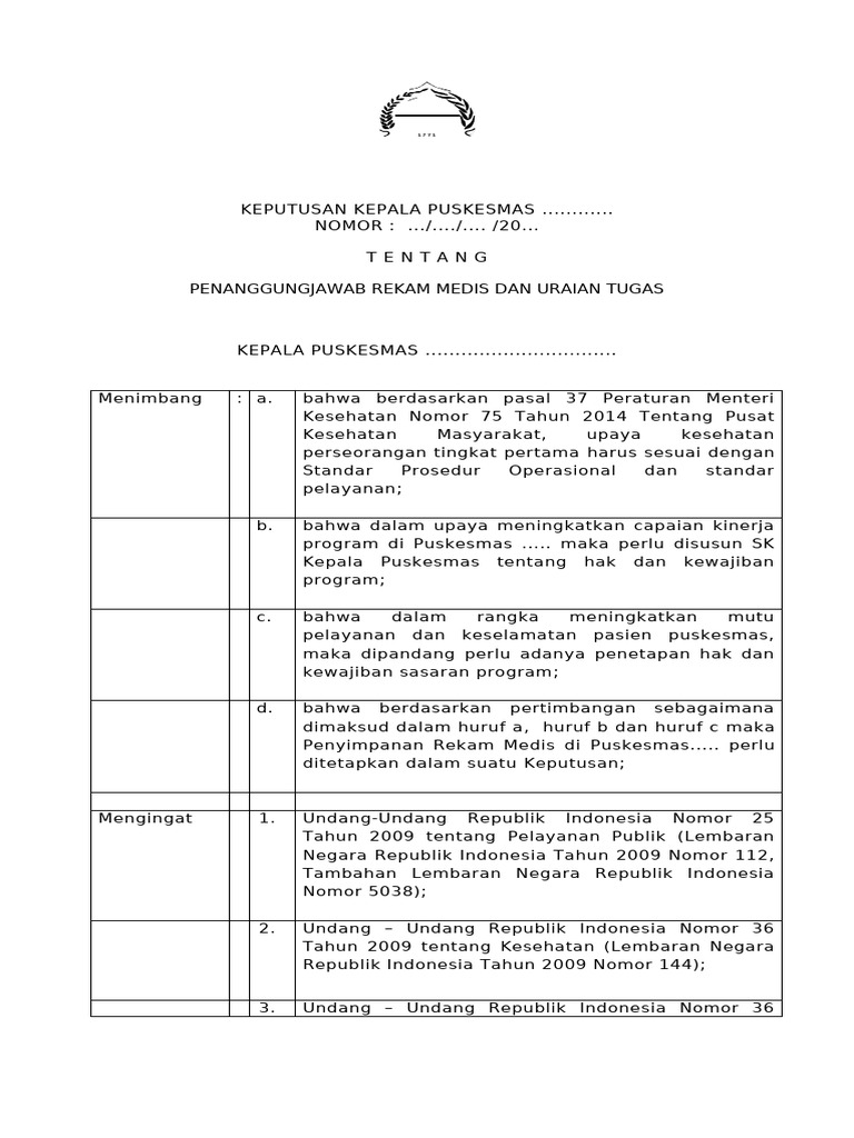 7.1.3.2 SK Penanggungjawab Rekam Medis Dan Uraian Tugas | PDF