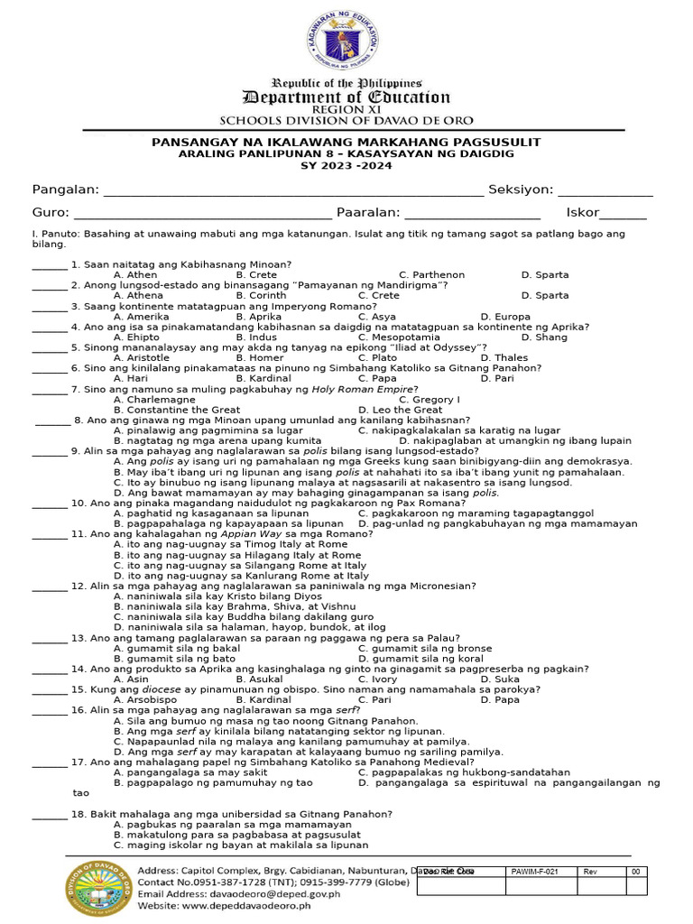 AP8 Q2 TQ Final | PDF | Classical Antiquity | Travel