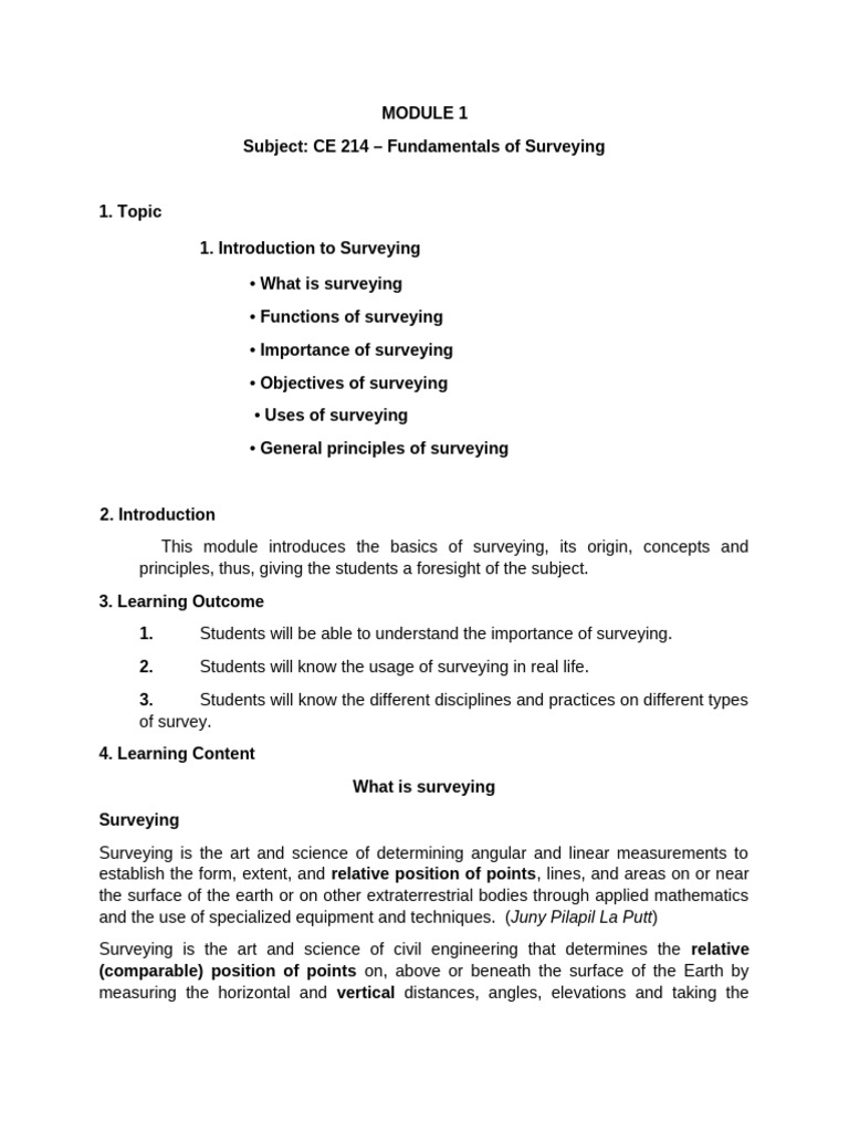 MODULE 1 CE 214 Fundamentals of Surveying | PDF | Surveying | Science ...
