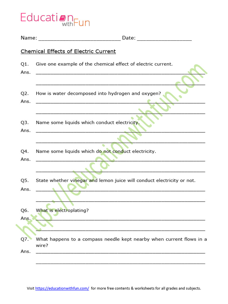 Chemical Effects of Electric Current Worksheet 2 | PDF